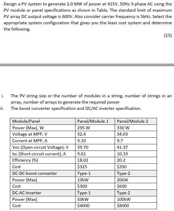 Design a PV system to generate 2.0 MW of power at 415V, 50Hz 3-phase AC ...