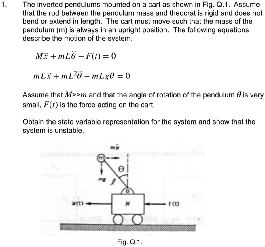 SOLVED: The inverted pendulum is mounted on a cart as shown in Fig. Q.1. Assume that the rod ...