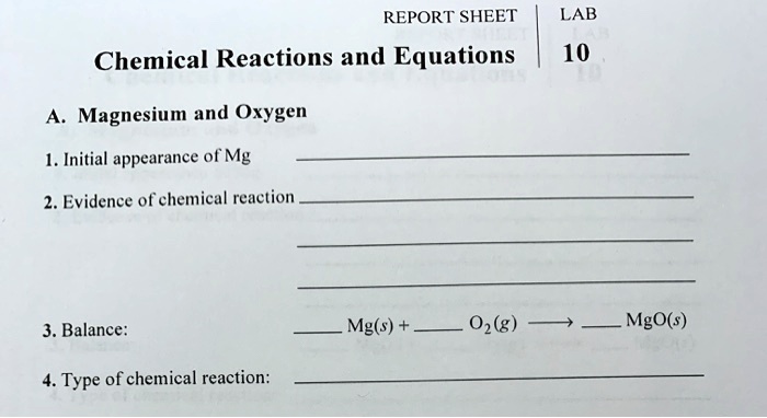REPORT SHEET LAB 10 Chemical Reactions and Equations A. Magnesium and ...