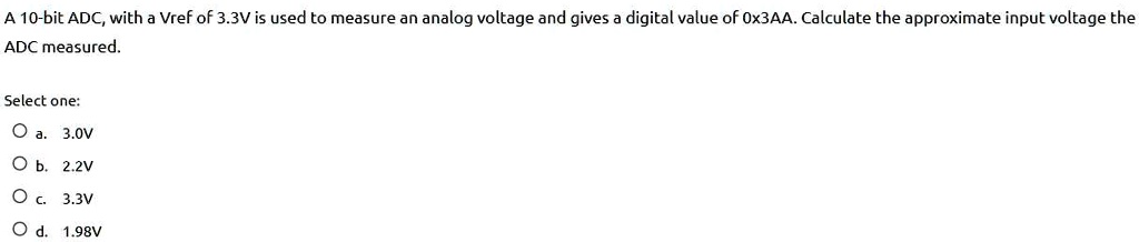 A 10 Bit Adc With A Vref Of 3 3v Is Used To Measure An Analog Voltage And Gives A Digital