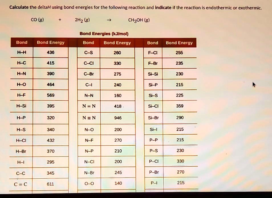 SOLVED: Calculate the deltaH using bond energies for the following ...