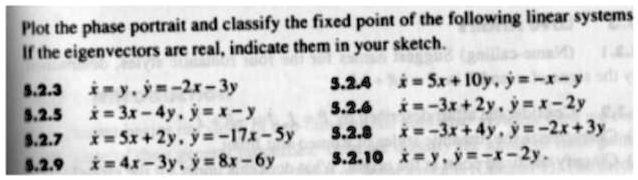 Plot the phase portrait and classify the fixed point of the following linear systems If the ...