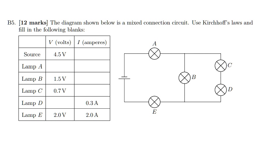 SOLVED: "The diagram shown below is a mixed connection circuit. Use Kirchhoff's laws and fill in ...