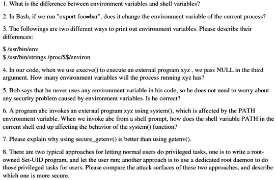 Solved 1 What Is The Difference Between Environment Variables And Shell Variables 2 In Bash 4086