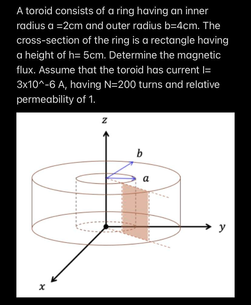 SOLVED: A toroid consists of a ring having an inner radius a=2cm and ...