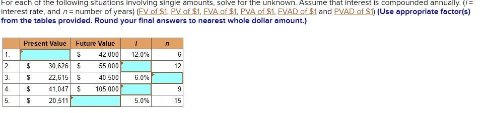 VIDEO solution: Interest rate, and n = number of years (FV of 1, PV of1, FVA of 1, PVA of1, FVAD ...