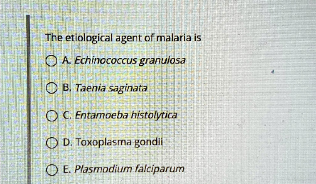 The etiological agent of malaria is A. Echinococcus granulosa B. Taenia ...