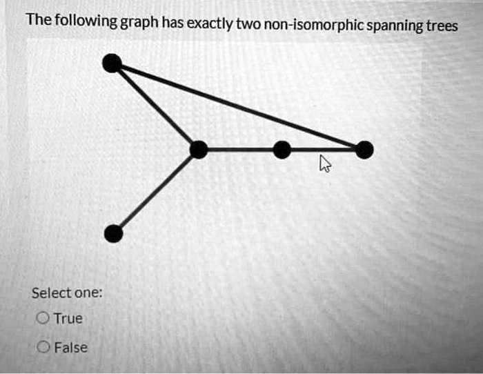 SOLVED: The following graph has exactly two non-isomorphic spanning trees Select one: 0 True False