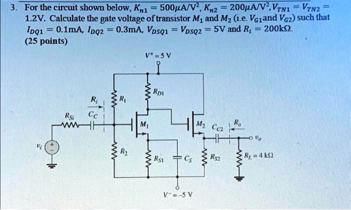 SOLVED: 3. For the circuit shown below, Kn1 = 500μA/V², Kn2 = 200μA/V² ...
