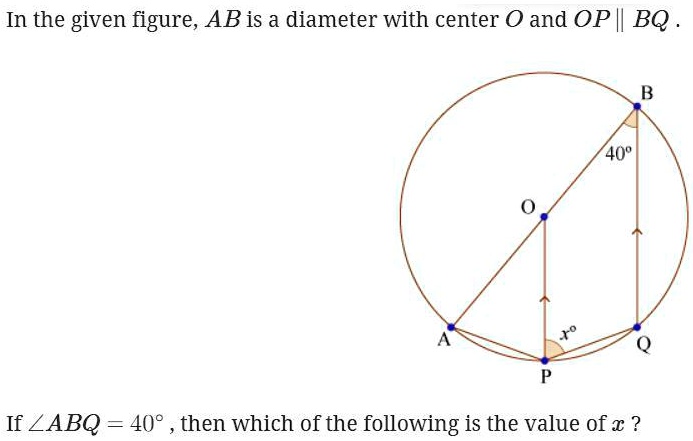 SOLVED: Refer to the image for the question. In the given figure, AB is a diameter with center O ...