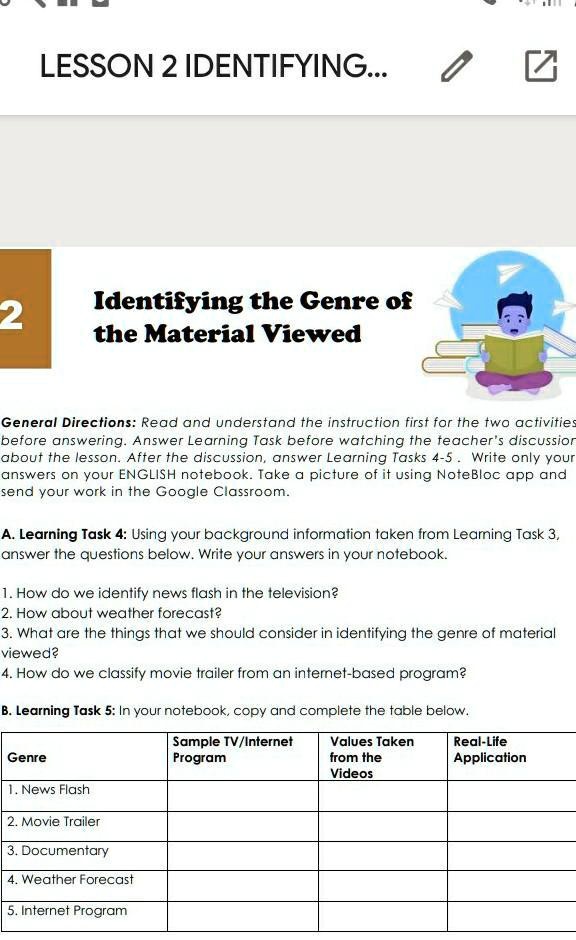 SOLVED: Pa tulong po sa English, salamat. LESSON 2: IDENTIFYING. C. Identifying the Genre of the ...