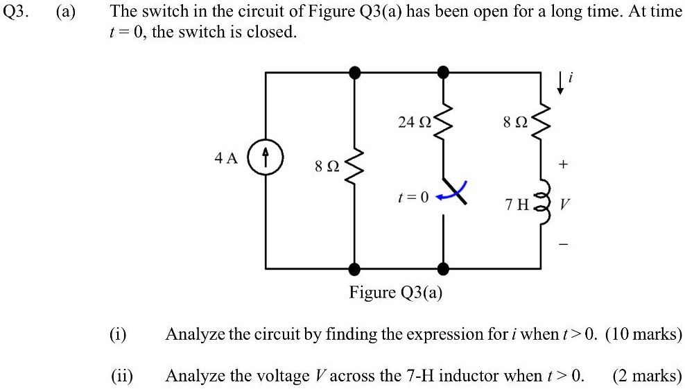 SOLVED: Q3 a) The switch in the circuit of Figure Q3(a) has been open for a long time. At time t ...