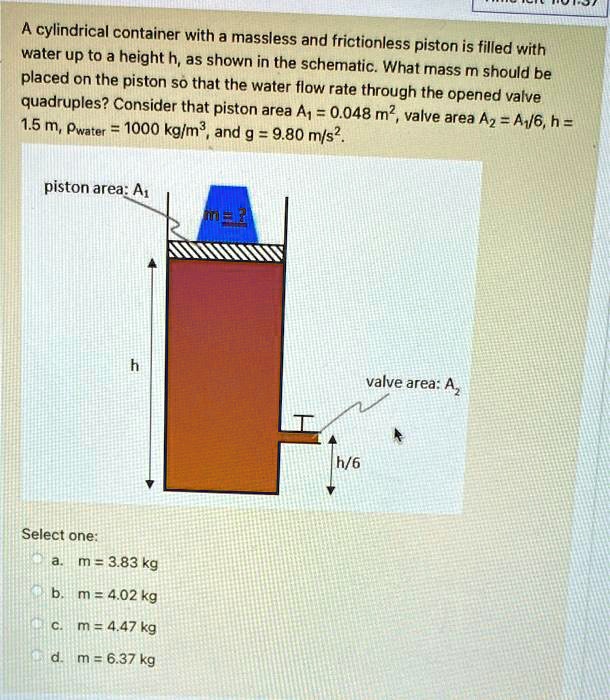 SOLVED: A cylindrical container with a massless and frictionless piston is filled with water up ...