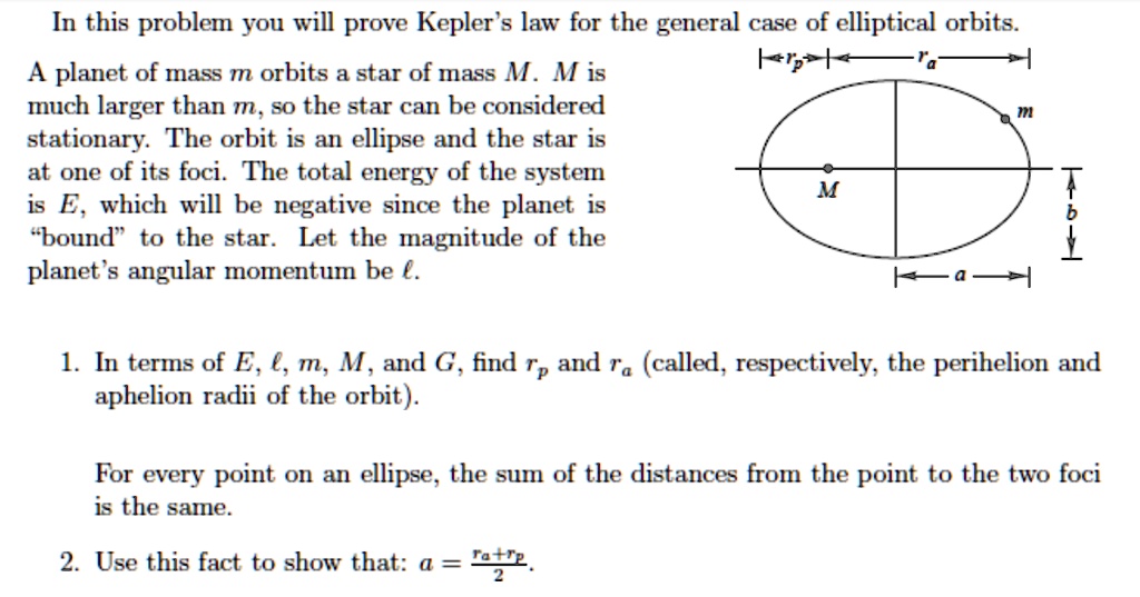 SOLVED: In this problem you will prove Kepler 's law for the general case of elliptical orbits ...