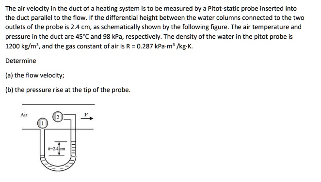 SOLVED: The air velocity in the duct of a heating system is to be measured by a Pitot-static ...