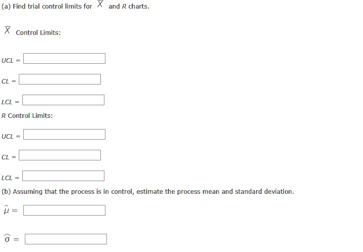 SOLVED: (a) Find trial control limits for and charts Control Limits: UCL LCL R Control Limits ...