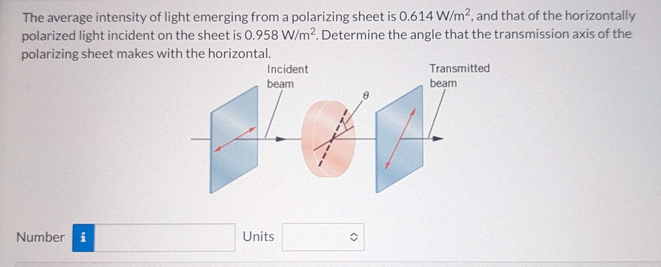 The average intensity of light emerging from a polarizing sheet is 0.614 W / m^2, and that of ...