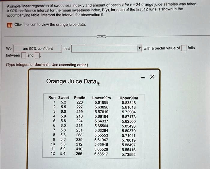 SOLVED: A simple linear regression of sweetness index y and amount of pectin x for n = 24 orange ...