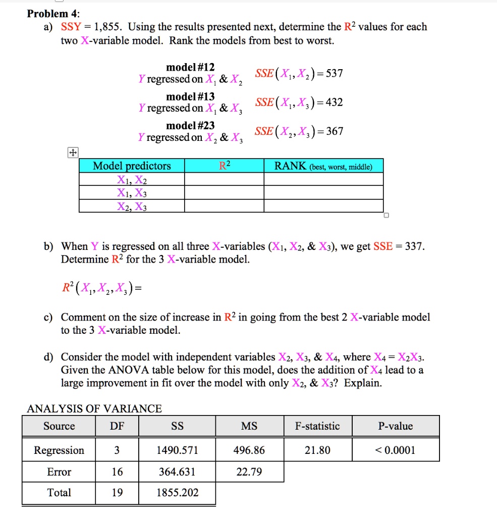 SOLVED:Problem 4: a) SSY = 1,855. Using the results presented next ...
