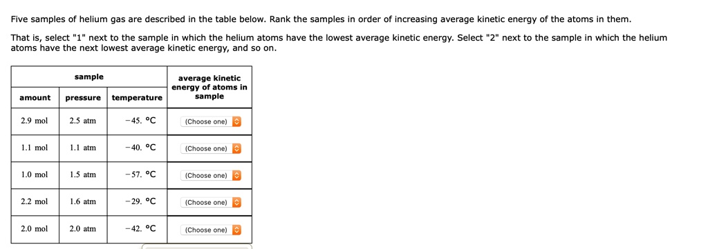 SOLVED: Five samples of helium gas are described in the table below ...
