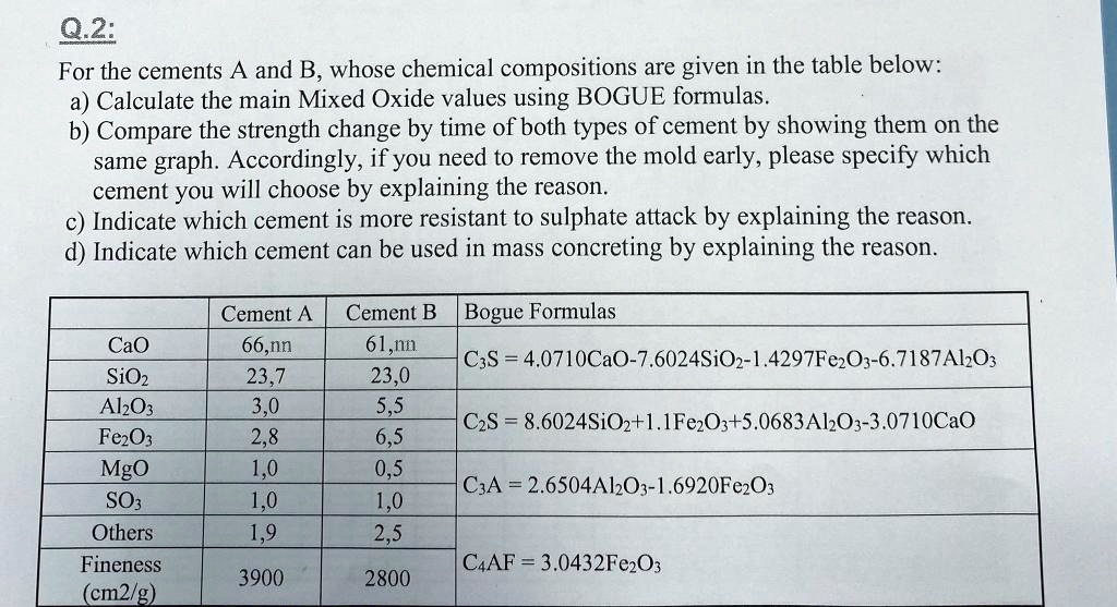 SOLVED:02: For the cements A and B, whose chemical compositions are ...