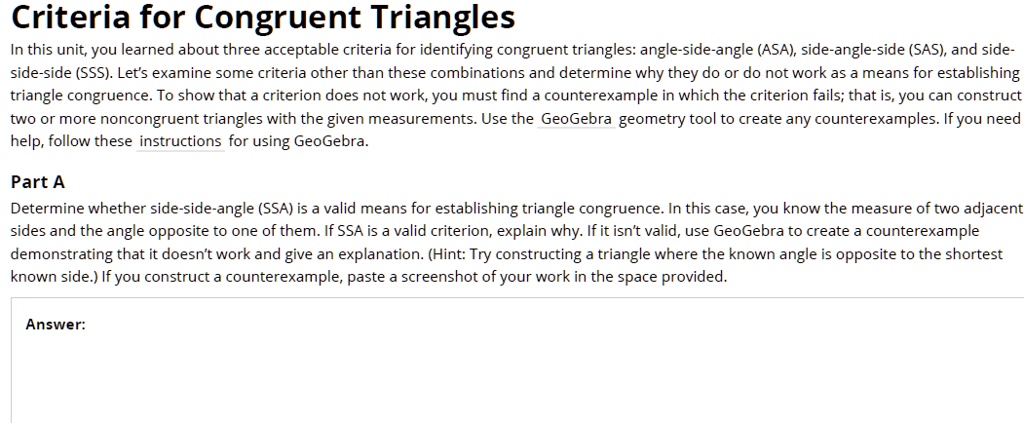 SOLVED: Criteria for Congruent Triangles In this unit; you learned ... SOLVED: Criteria for Congruent Triangles In this unit; you learned ...