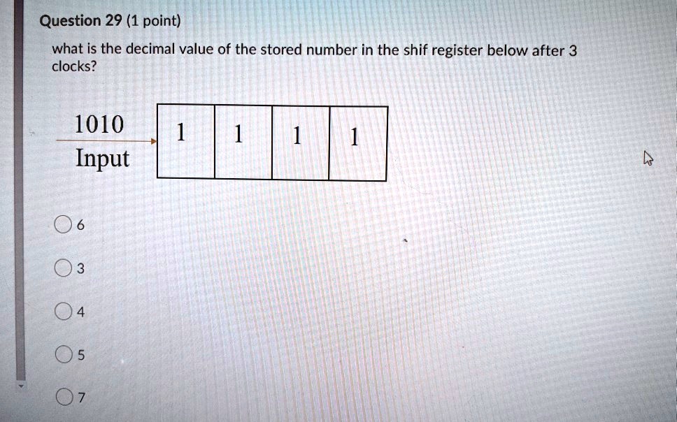 Question 29 (1 point) what is the decimal value of the stored number in the shift register below ...