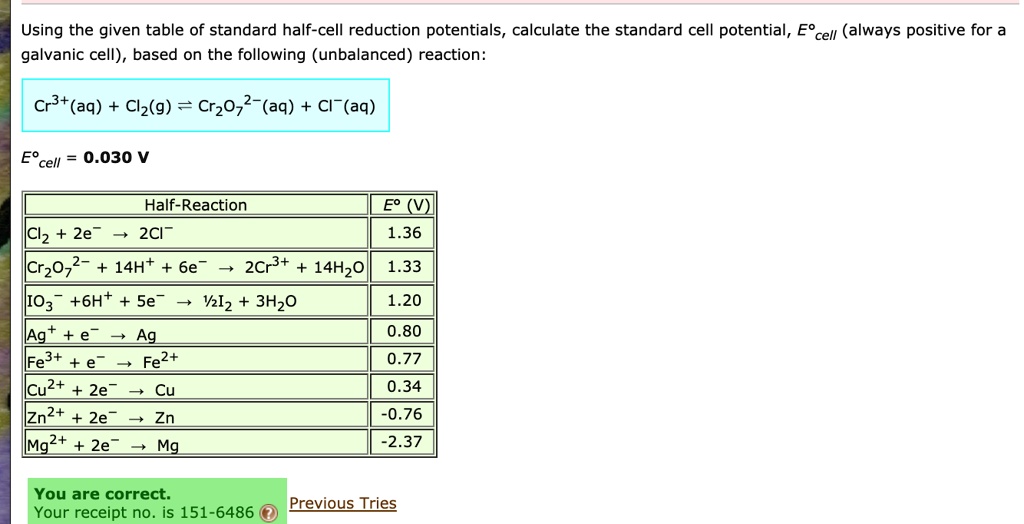 SOLVED: Using the given table of standard half-cell reduction potentials, calculate the standard ...