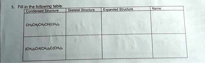 SOLVED: Texts: 5. Fill in the following table: Condensed Structure Skeletal Structure Expanded ...