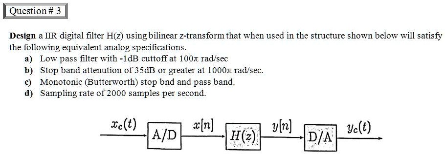 SOLVED: Design an IIR digital filter H(z) using the bilinear z ...