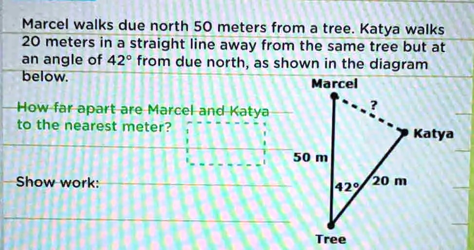 SOLVED: Marcel walks due north 50 meters from a tree Katya walks 20 ...