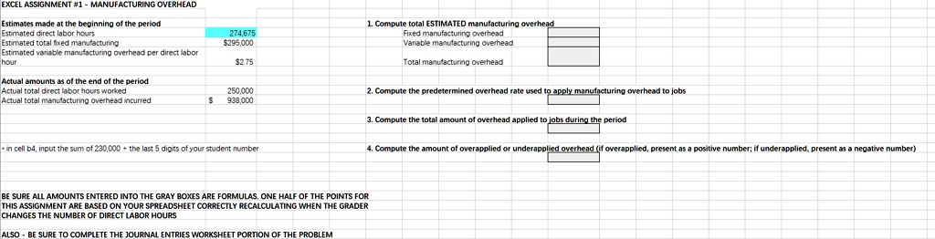 SOLVED: EXCEL ASSIGNMENT #1 - MANUFACTURING OVERHEAD Estimates made at ...