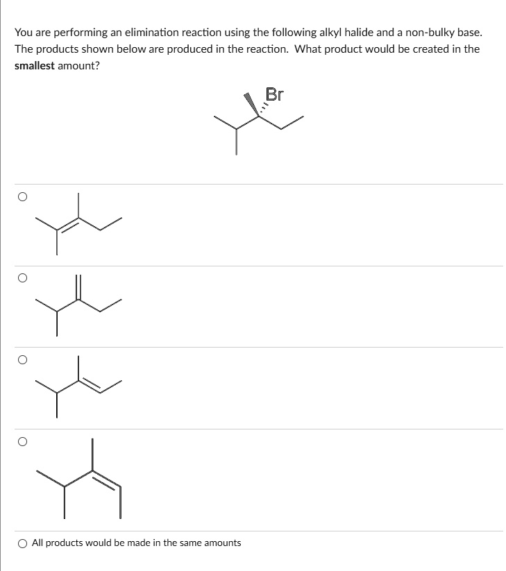 You are performing an elimination reaction using the following alkyl halide and a non-bulky base ...