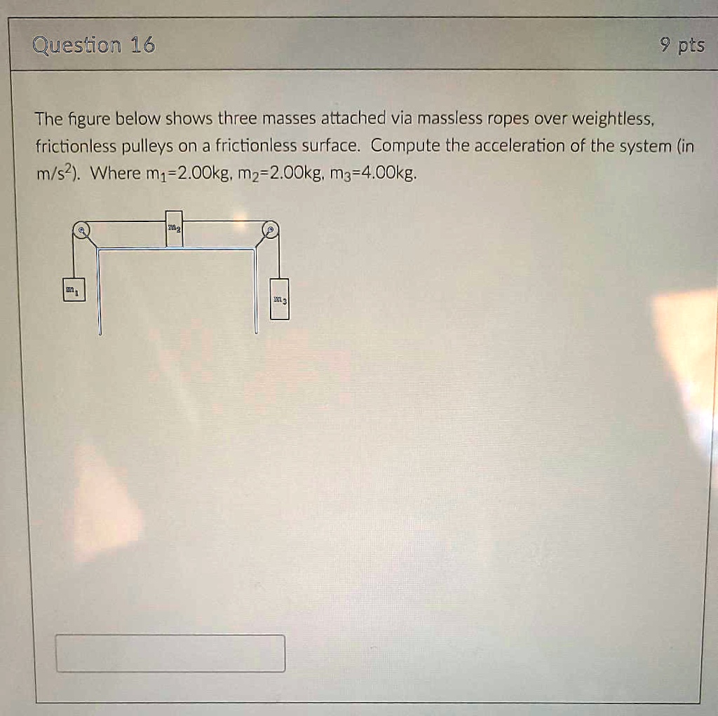 SOLVED: The figure below shows three masses attached via massless ropes over weightless ...
