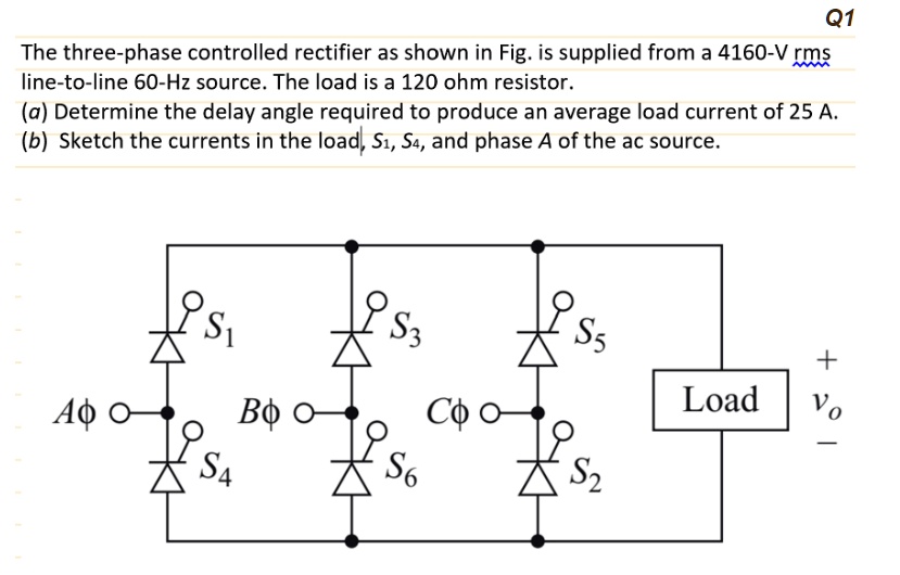 SOLVED: Q1 The three-phase controlled rectifier as shown in Fig. is supplied from a 4160-V rms ...