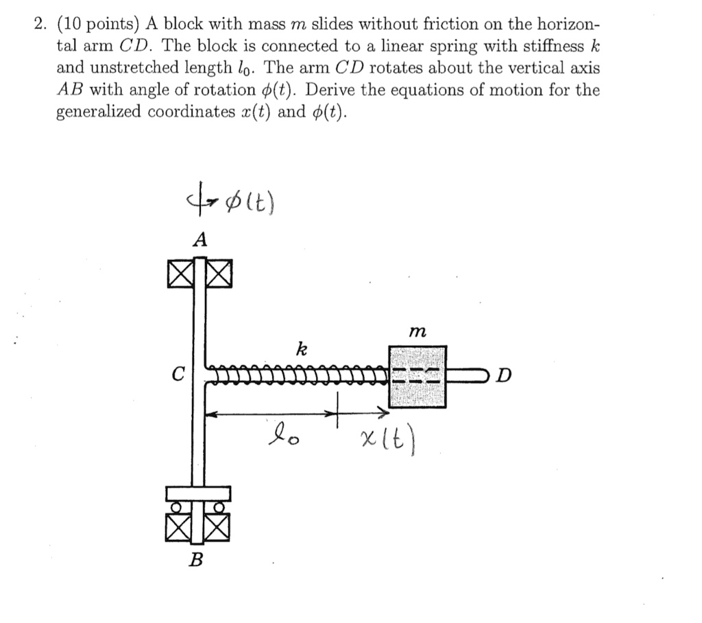 SOLVED: 2. (10 points) A block with mass m slides without friction on the horizon- tal arm CD ...