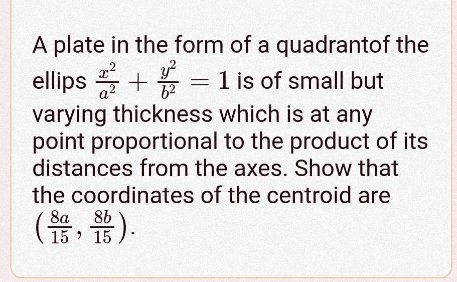 A plate in the form of a quadrant of the ellipse (x^(2))/(a^(2))+(y^(2 ...