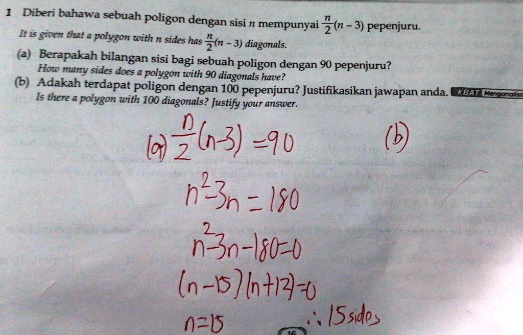 SOLVED: Diberi bahawa sebuah poligon dengan sisi n mempunyai 2(n-3 ...