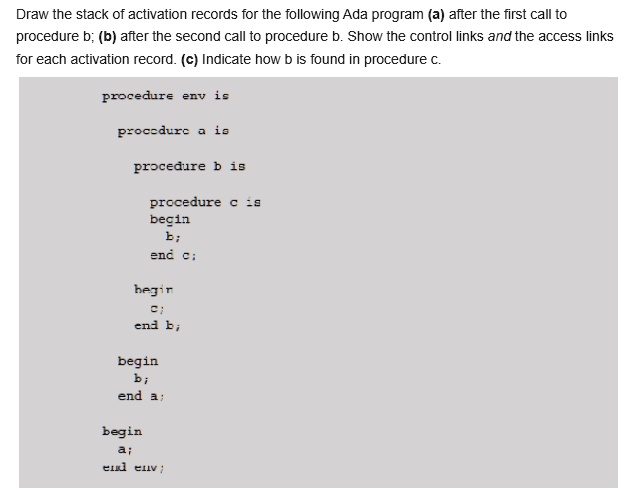 SOLVED: Text: Show CL, RA, and procedure closures in each activation record; Draw the stack of ...
