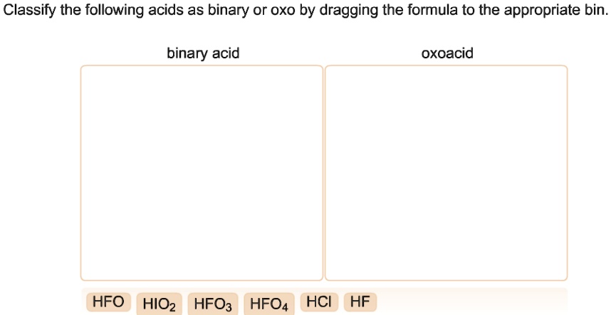 SOLVED: Classify the following acids as binary or oxo by dragging the formula to the appropriate ...