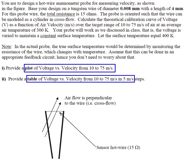 You are to design a hot-wire anemometer probe for measuring velocity ...
