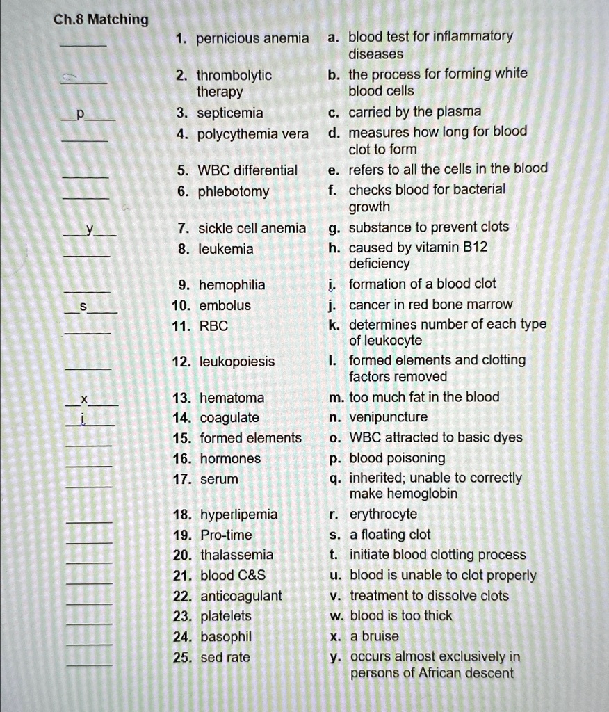 Ch. 8 Matching pernicious anemia - a. blood test for inflammatory ...