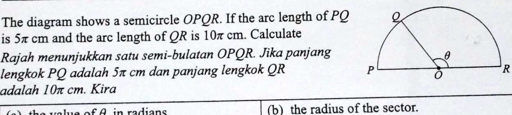 SOLVED: Find the value of Î¸ in radians. The diagram shows a semicircle OPQR. If the arc length ...