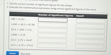 1. Tell the correct number of significant figures for the answer. 2. Evaluate the mathematical ...