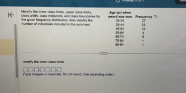 SOLVED: Identify the lower class limits, upper class limits. class ...