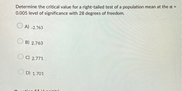 Determine the critical value for a right-tailed test of a population ...