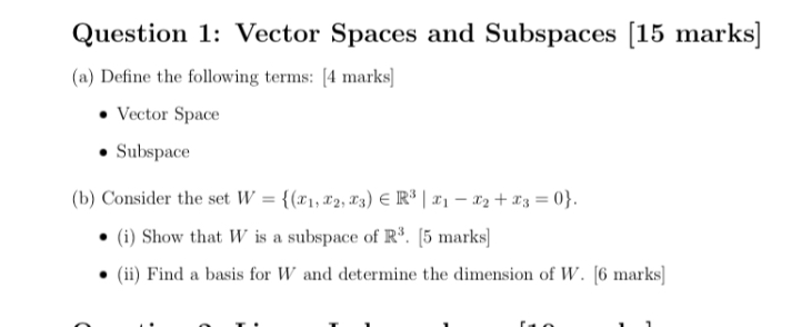 question 1 vector spaces and subspaces 15 marks a define the following terms 4 marks vector ...