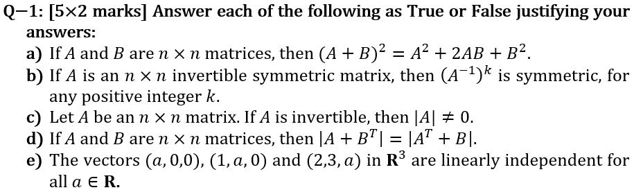 SOLVED: Q-I: [5x2 marks] Answer each of the following as True or False ...