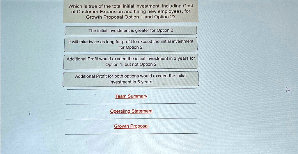 Which is true of the total initial investment, including Cost of ...