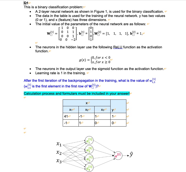 Solved Q1 This Is A Binary Classification Problem A 2 Layer Neural Network As Shown In
